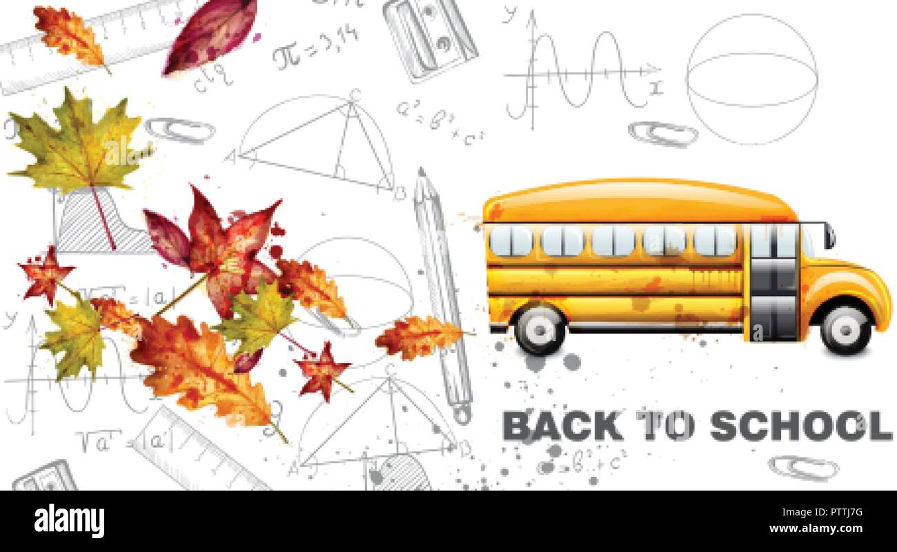 Back to school watercolor card Vector. Yellow bus and leaves. Math ...