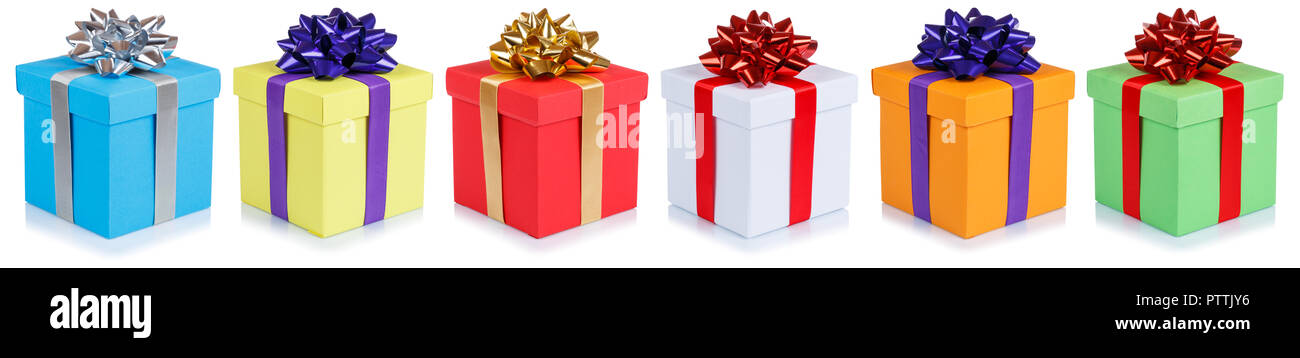 Birthday gifts christmas presents in a row boxes isolated on a white ...