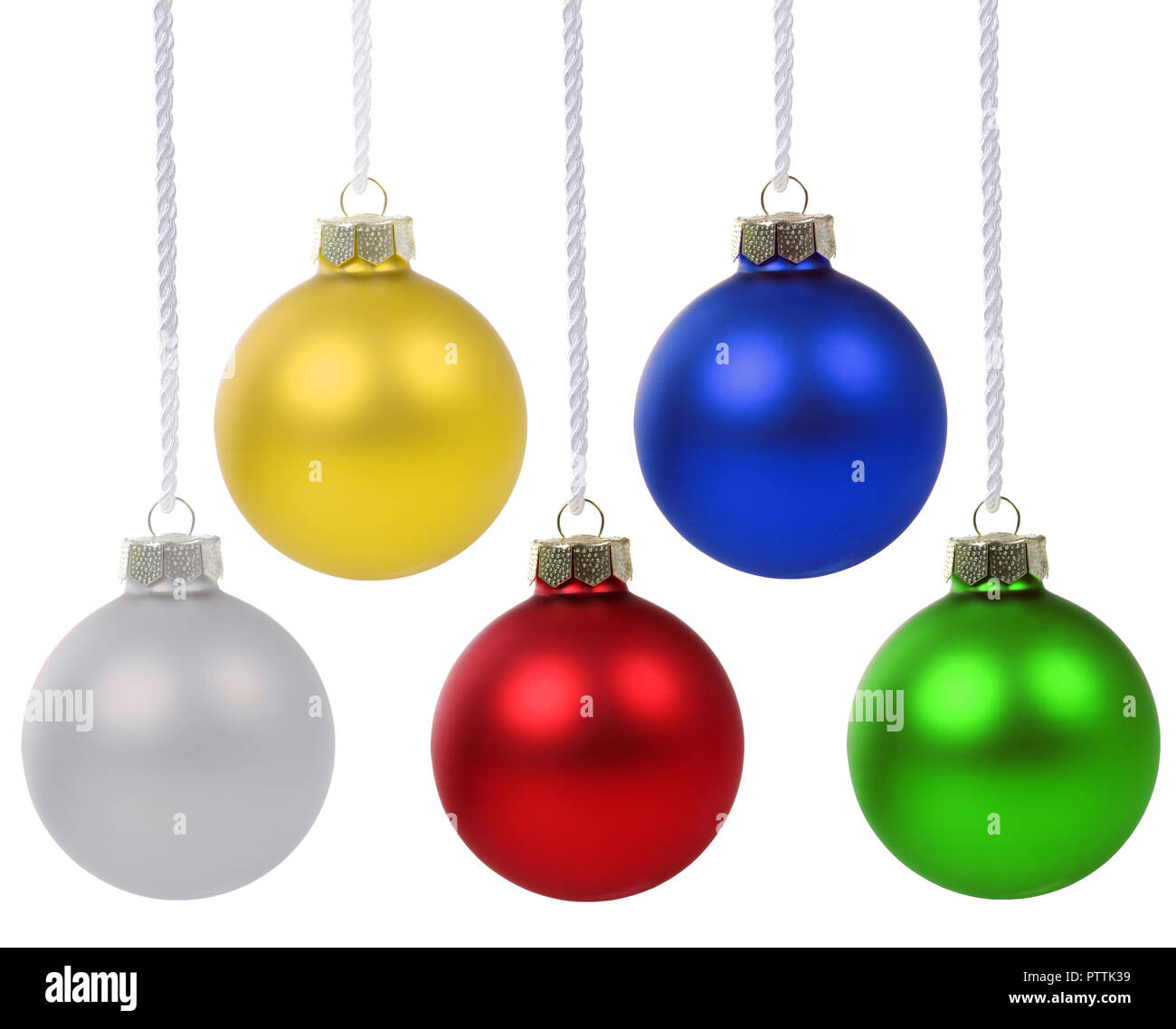 Christmas balls baubles colors hanging isolated on a white background ...