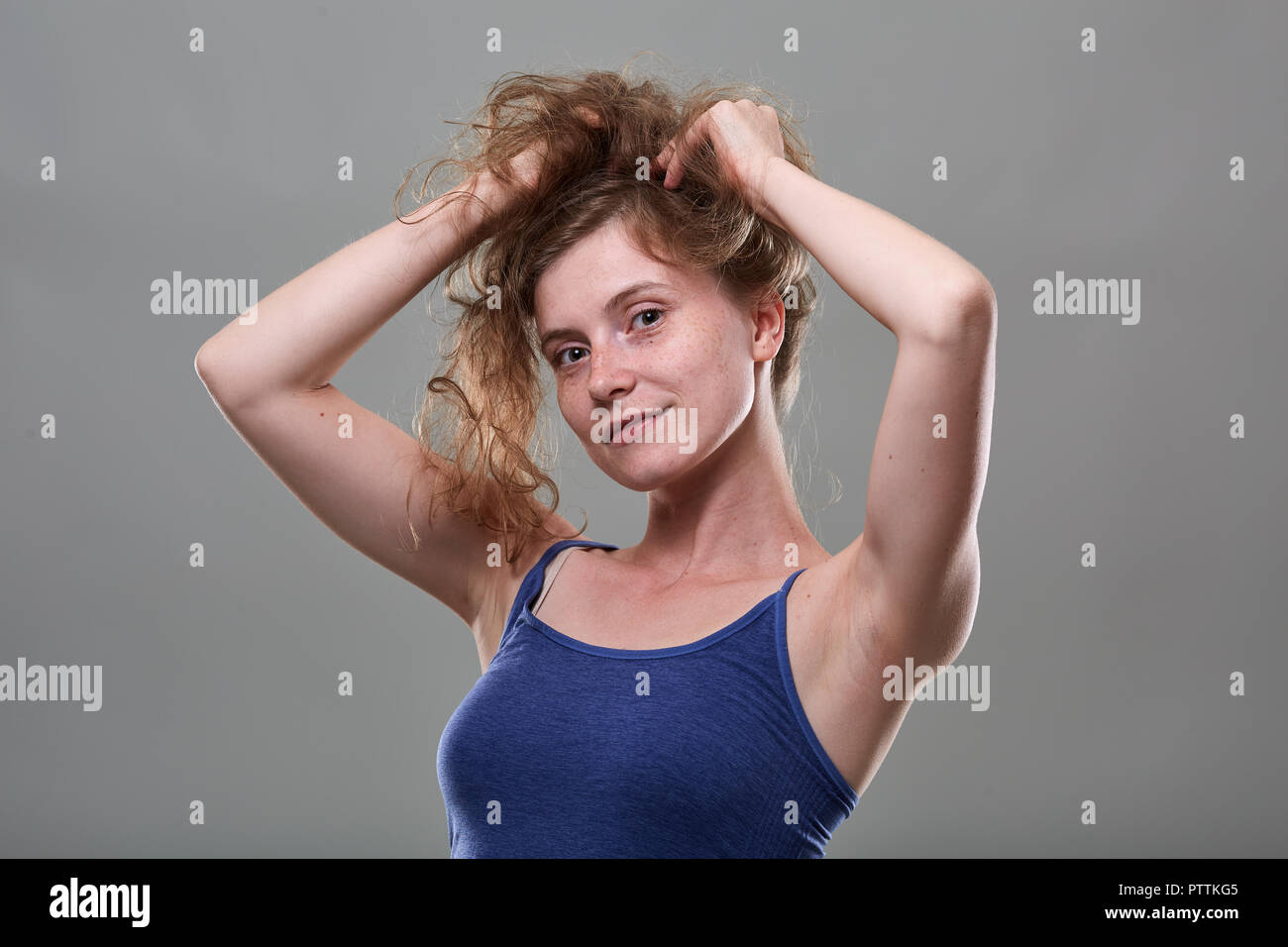Closeup portrait of a beautiful woman with no makeup, studio shot on ...