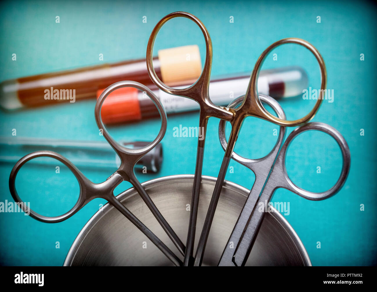 Several scissors for surgery in operating room of a hospital ...