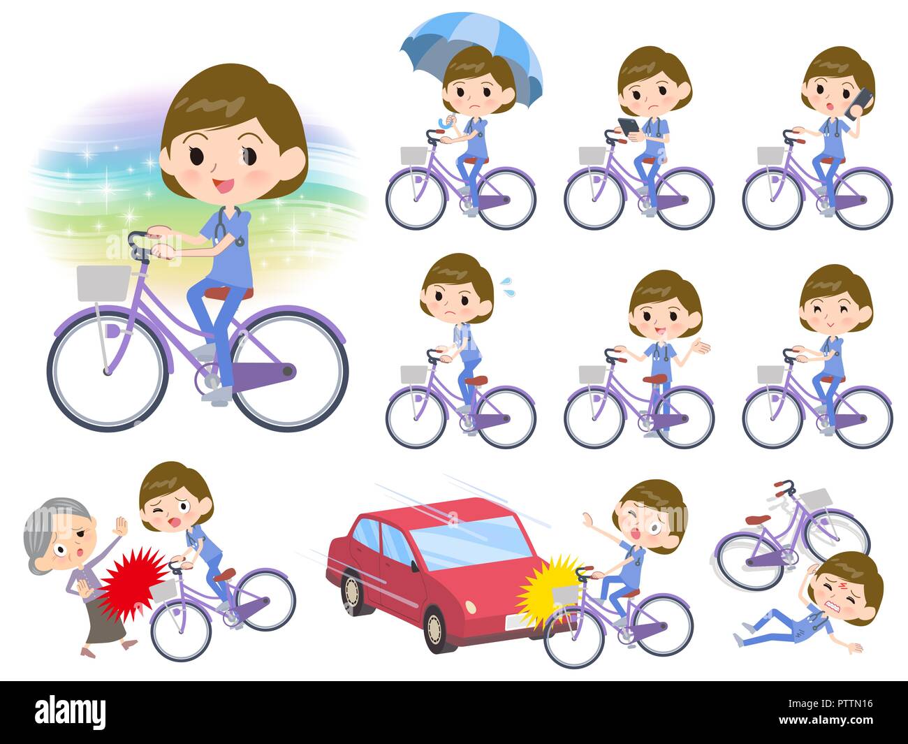 A set of Surgical Doctor women riding a city cycle.There are actions on ...