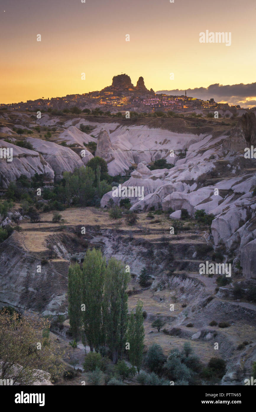 Uchisar Castle in Cappadocia Turkey, at Dusk Stock Photo - Alamy
