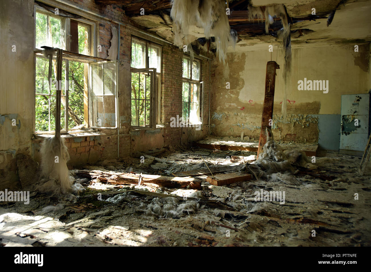 Soviet air base relics in Brand, former East Germany. An empty room in ...