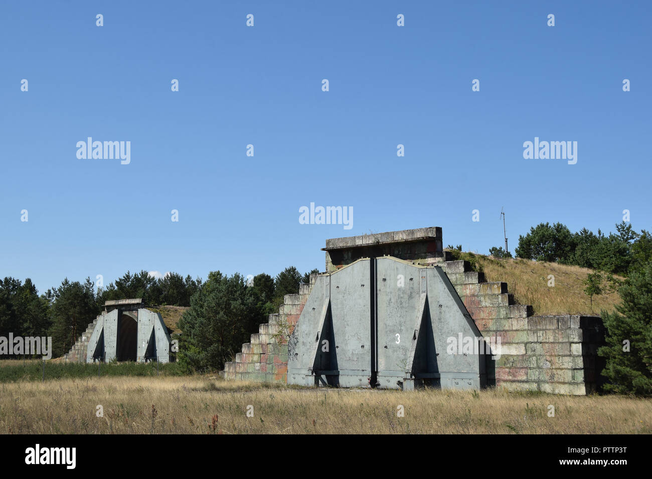 Soviet air base relics in Preschen, former East Germany. Empty jet ...