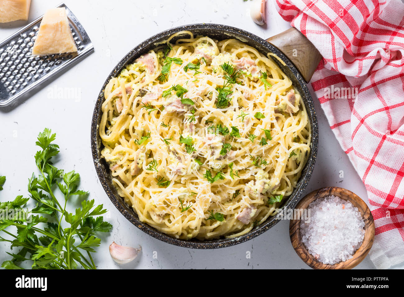Pasta carbonara, traditional italian pasta spaghetti with bacon and ...