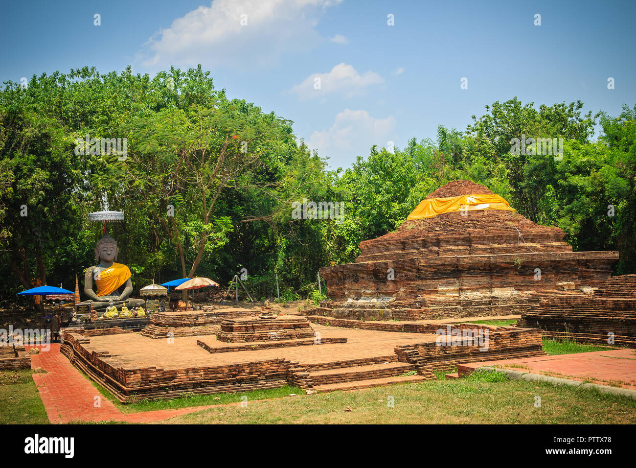 Ruins of Wat That Khao, one of the ruined temples in Wiang Kum Kam, an ...