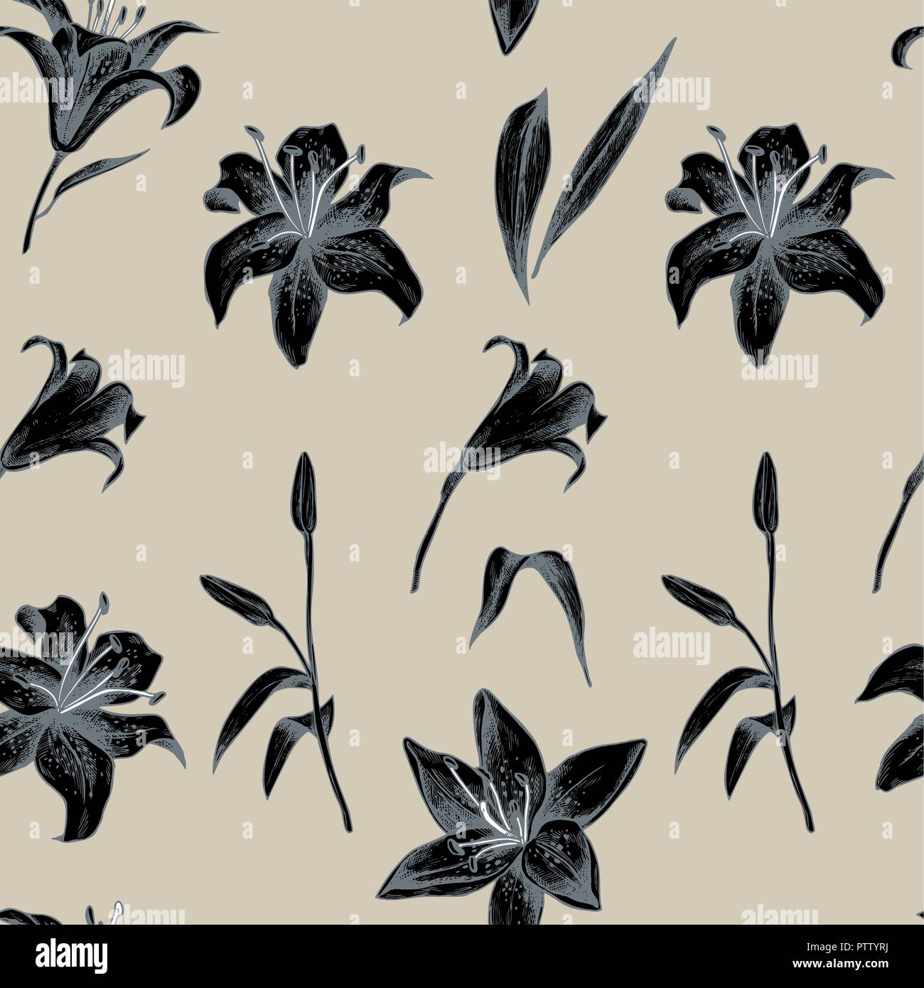 Vector seamless pattern of lilly flower. Hand drawn vector illustration ...