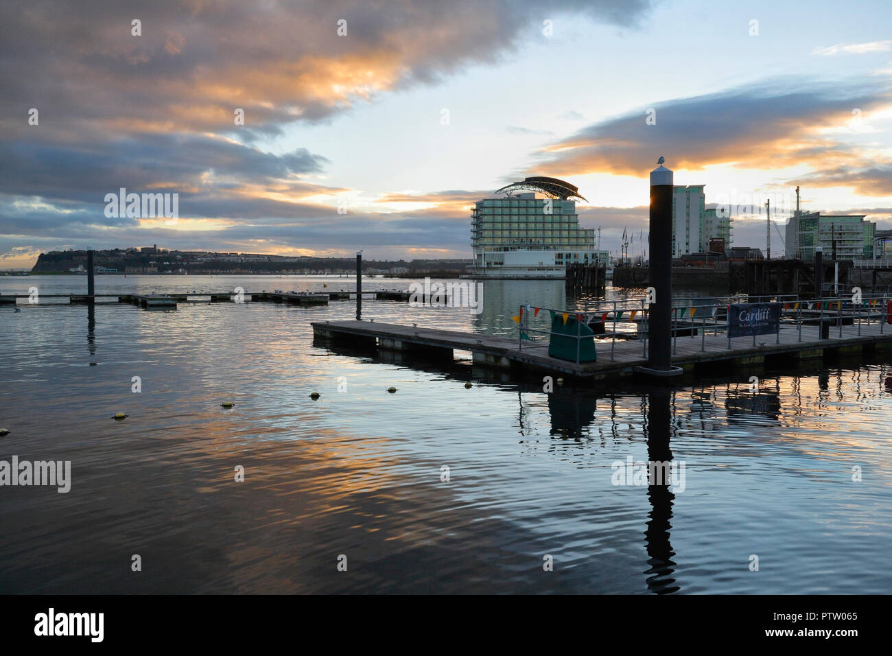Late December afternoon sun setting over Cardiff Bay waterfront Wales ...