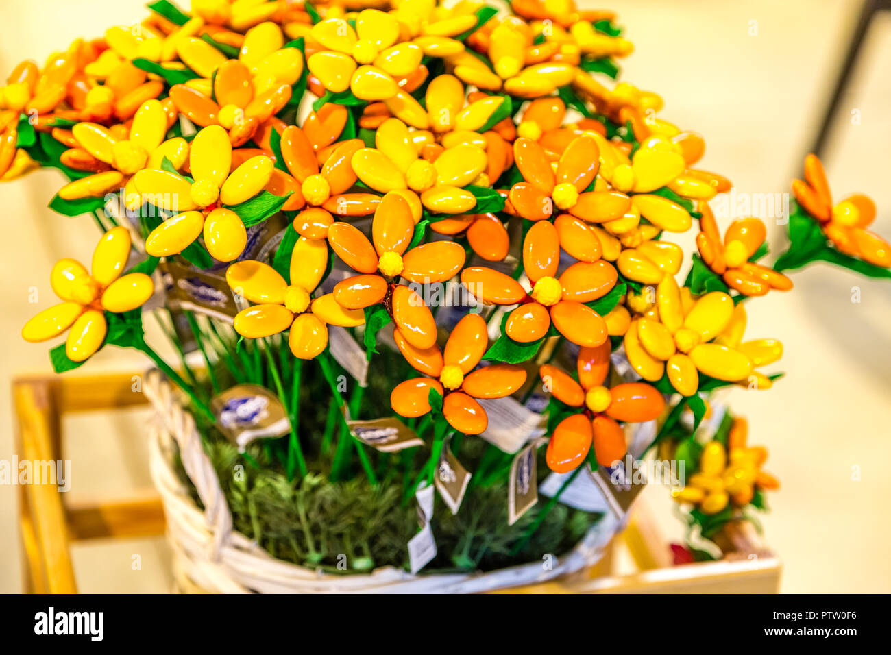 BOLOGNA, ITALY - OCTOBER 2, 2018: lights are enlightening fake flowers ...