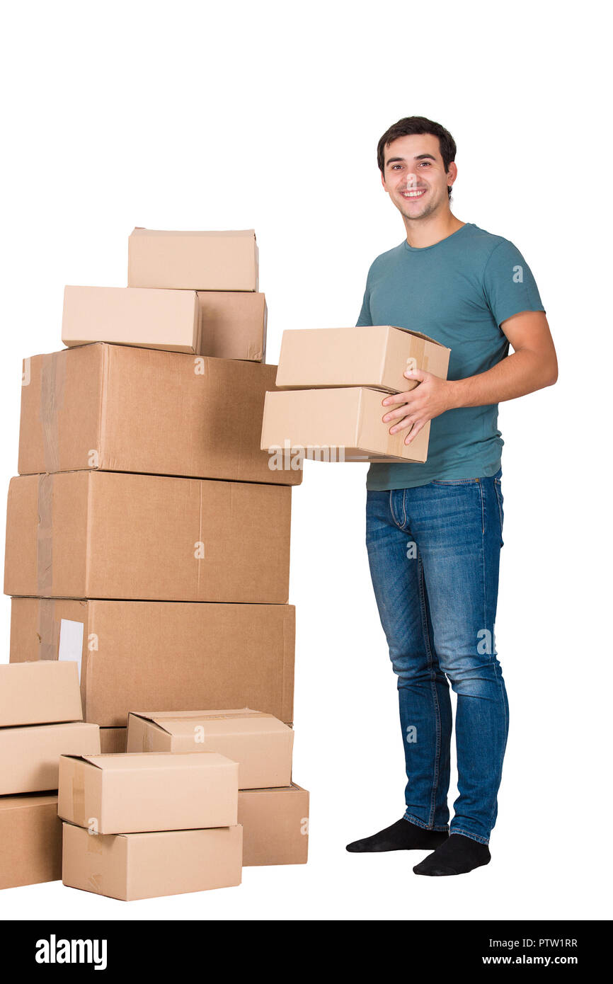 Full length portrait of happy young man packing and carry boxes ready ...