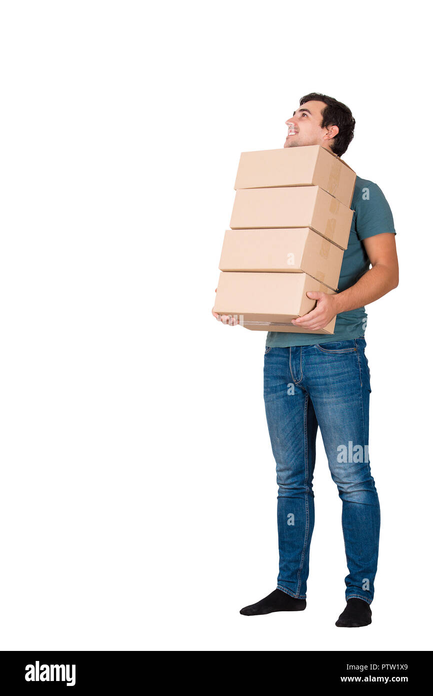 Full length portrait of pensive young man carrying carton boxes ...