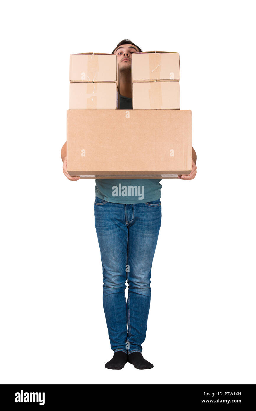 Full length portrait of young man carrying heavy packages isolated over ...