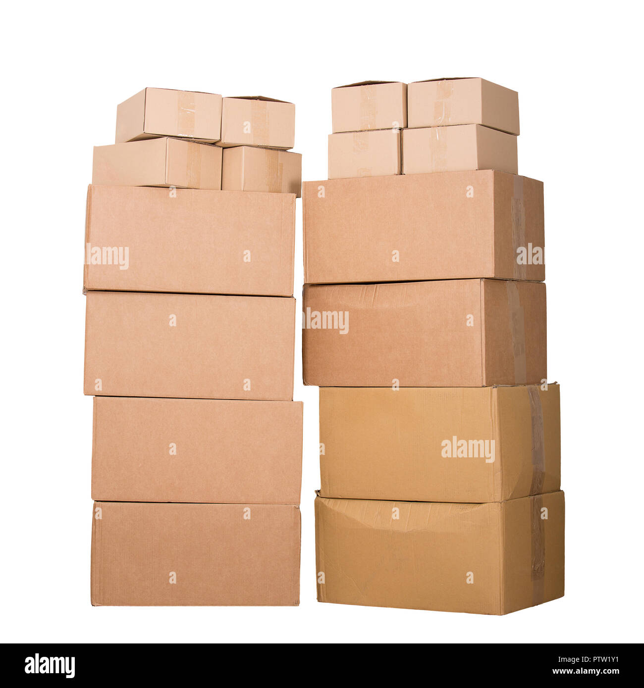 Stack of cardboard boxes full length isolated over white background ...