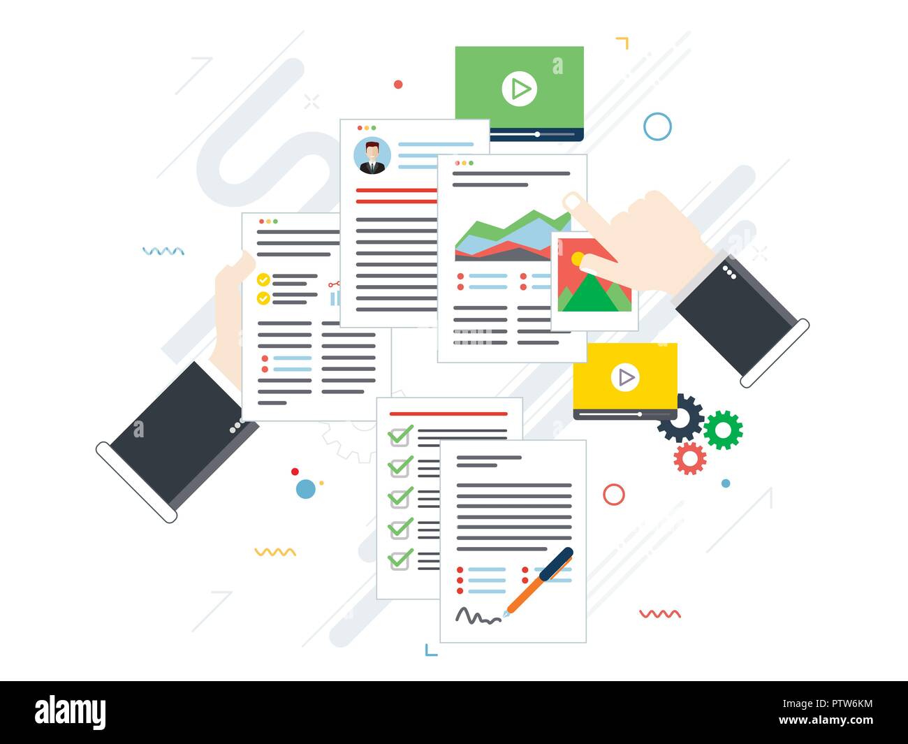 Folder with finance documents, data file, video and photo. Hands with ...