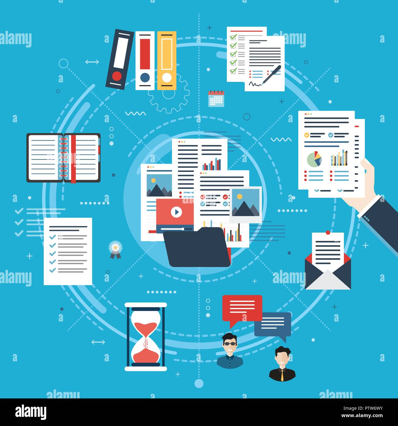 Folder with finance documents, data file, video and photo. Hands with ...