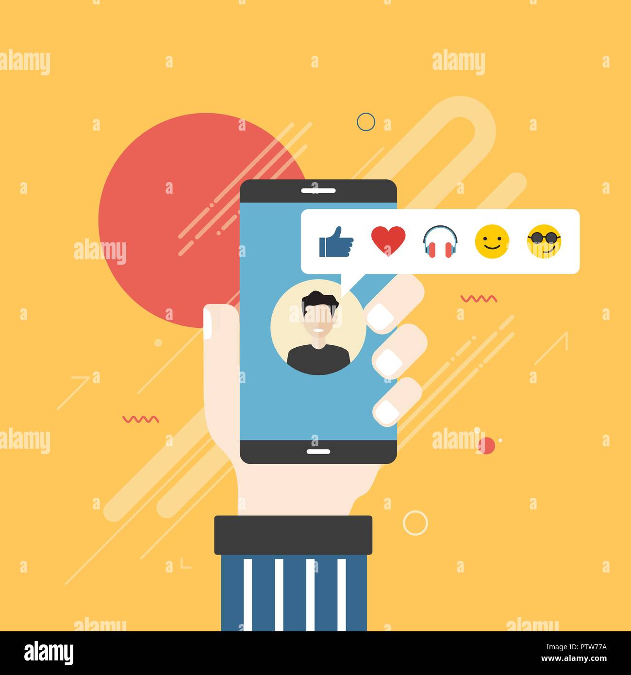 Human hand holding mobile phone with social network feedback emoticons ...