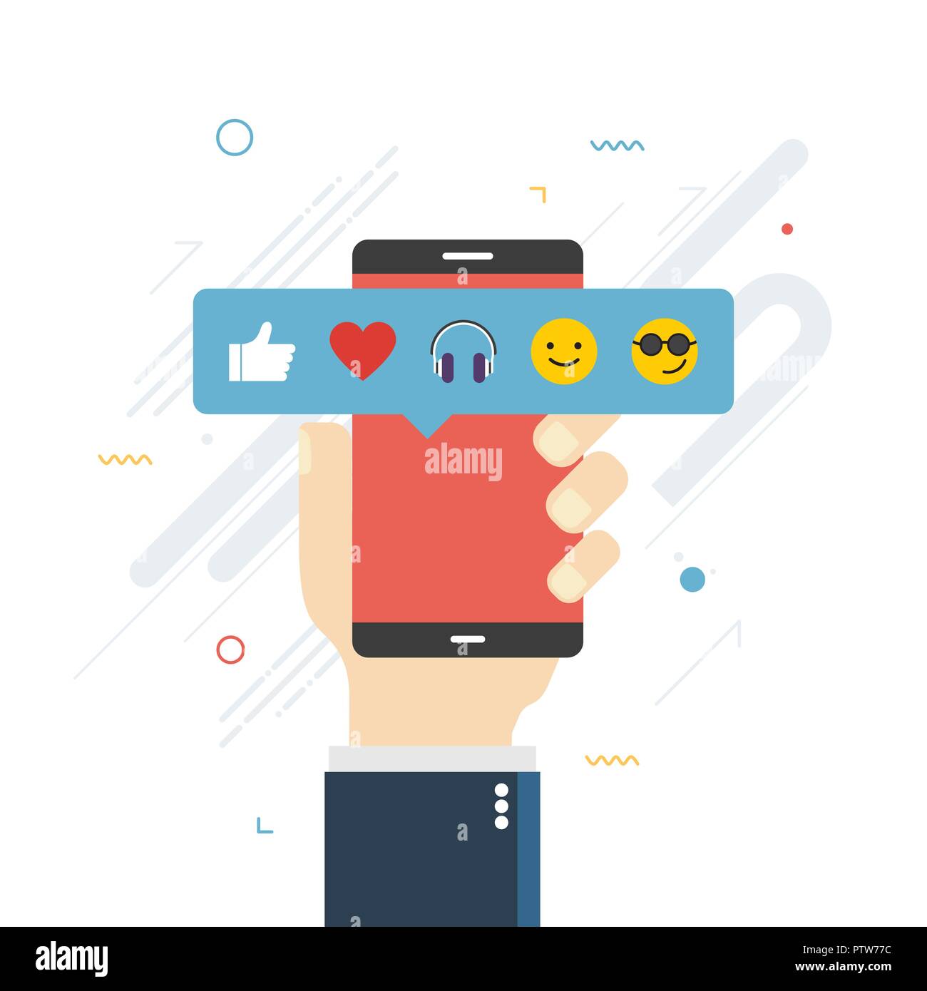 Human hand holding mobile phone with social network feedback emoticons ...