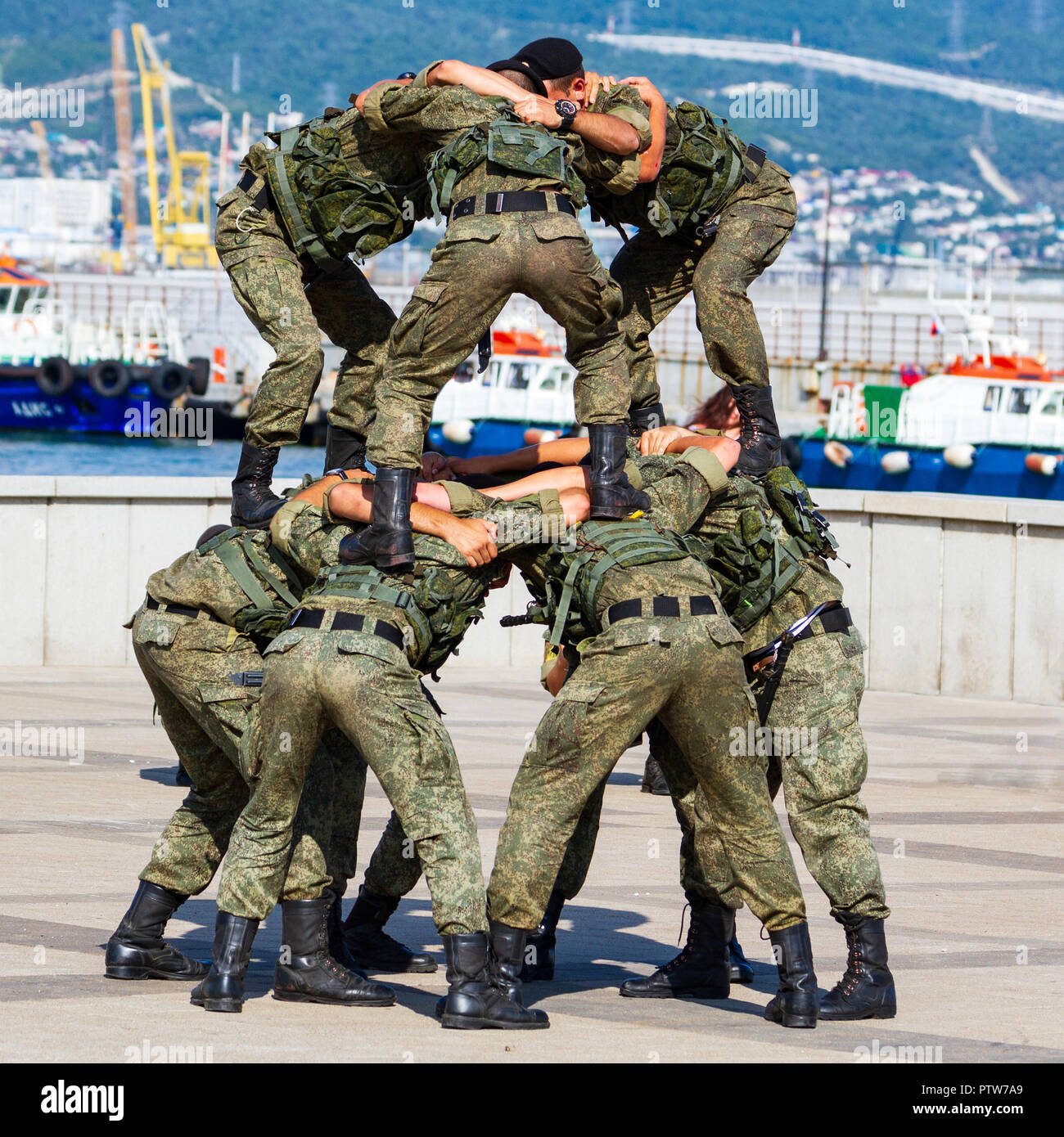 NOVOROSSIYSK - RUSSIA. JULY 24, 2018 - Soldiers making human tower in a ...