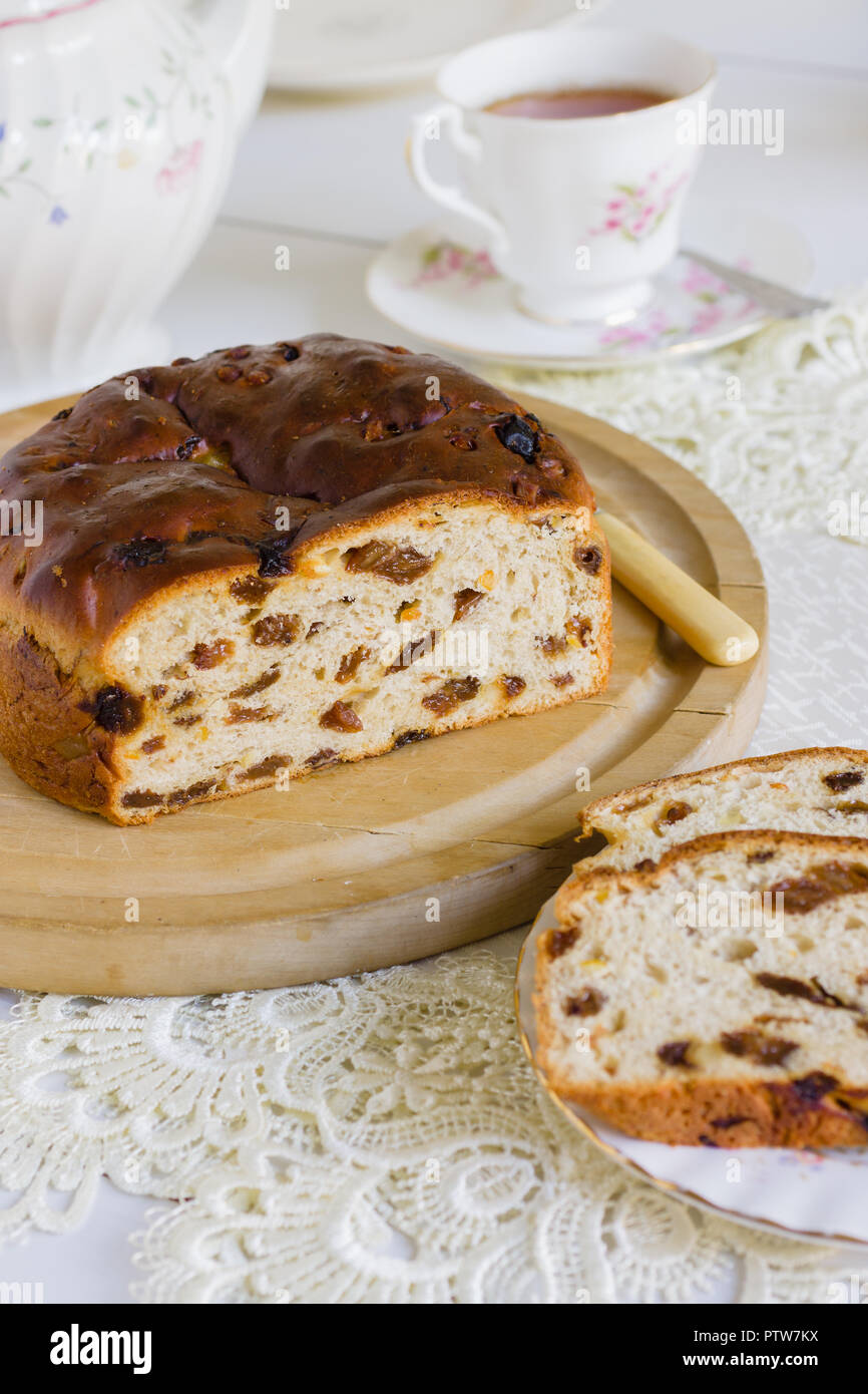 Barmbrack or bairin breac a traditional Irish fruit loaf made with ...