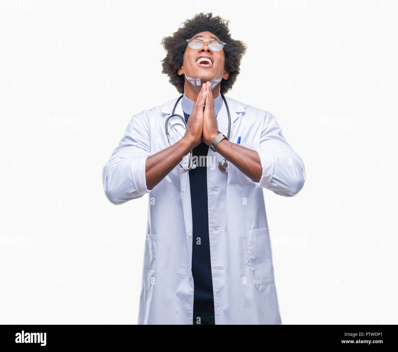 Afro american doctor man over isolated background begging and praying ...