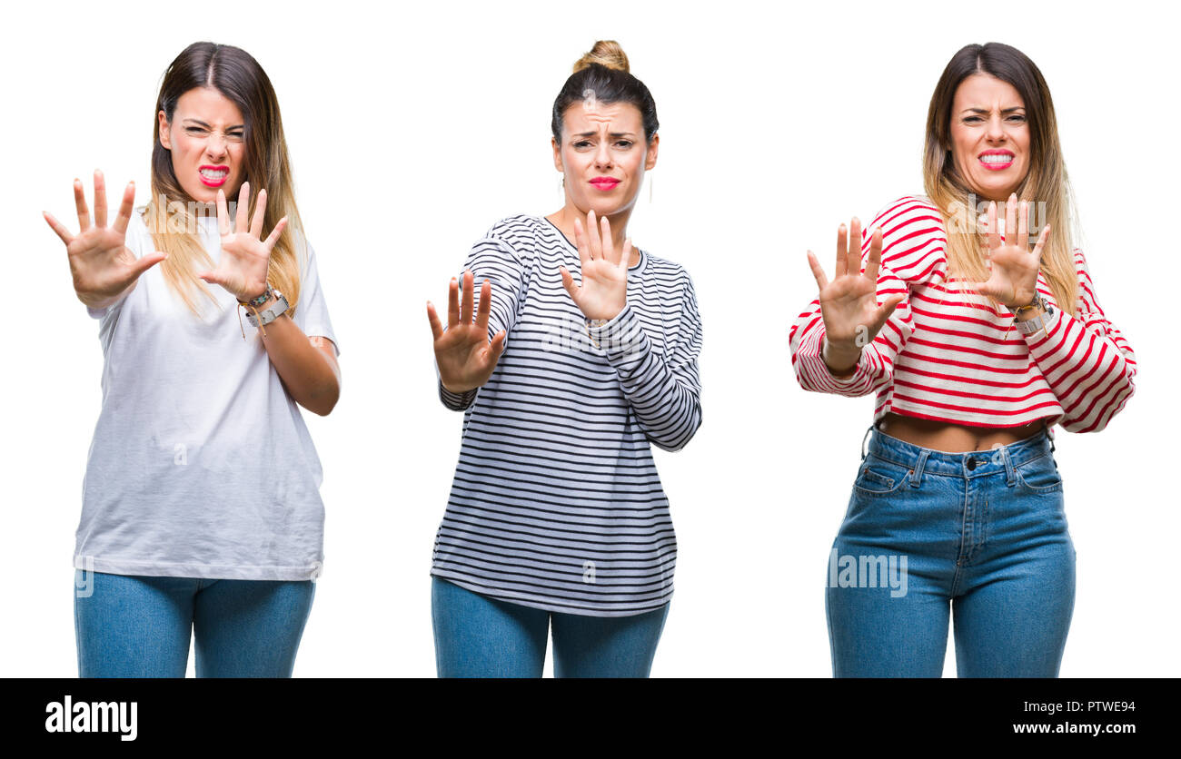 Collage of young beautiful woman over isolated background afraid and ...