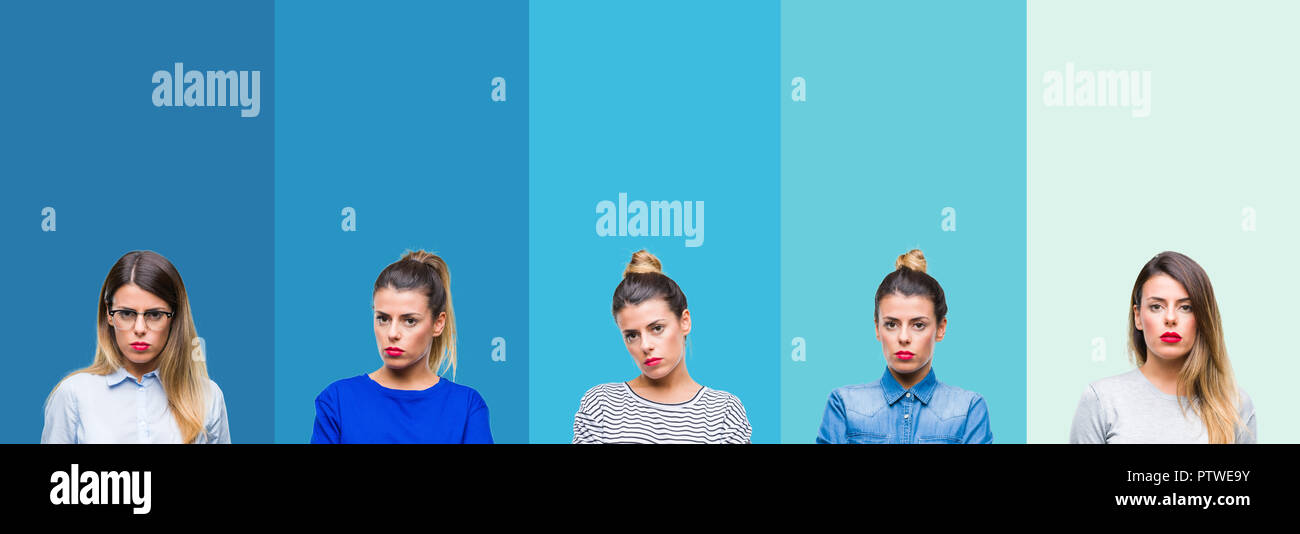 Collage of young beautiful woman over blue stripes isolated background ...