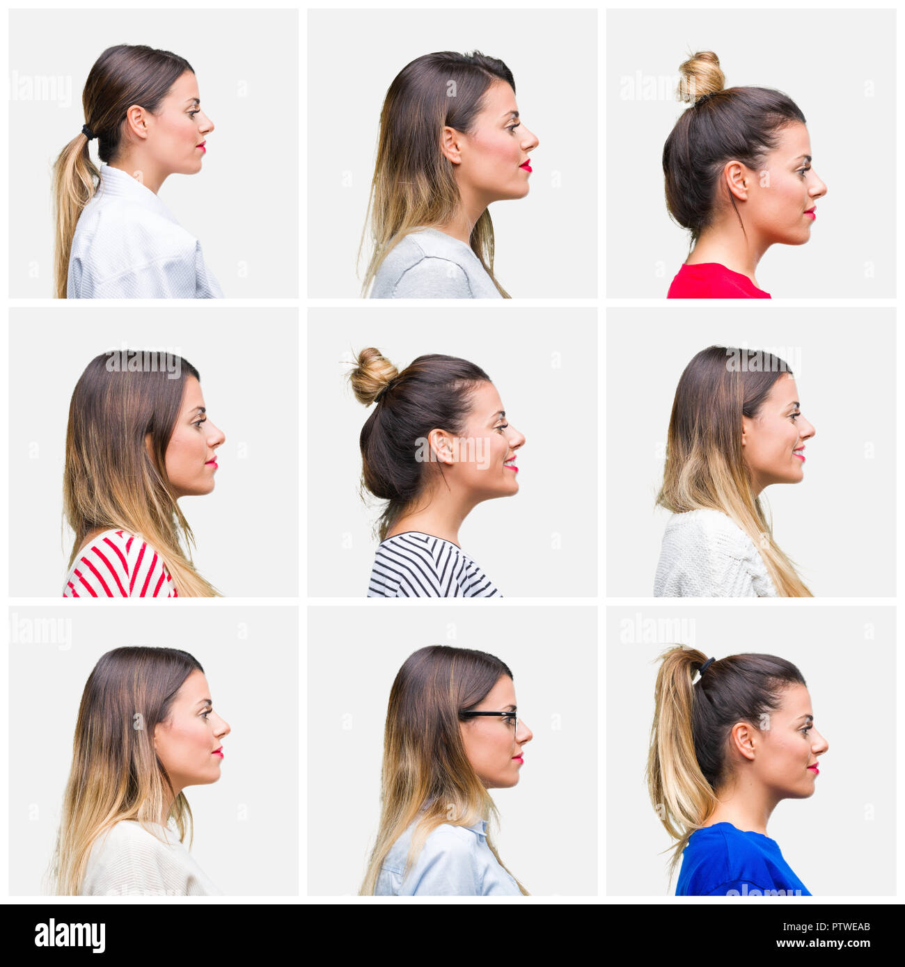 Collage of young beautiful woman over isolated background looking to ...