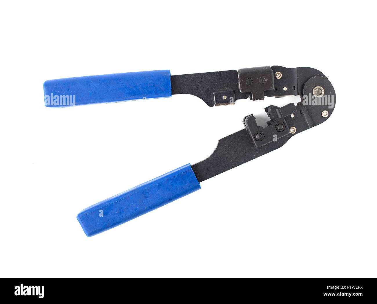 Tool for crimping and stripping of connectors, network cable, close-up ...