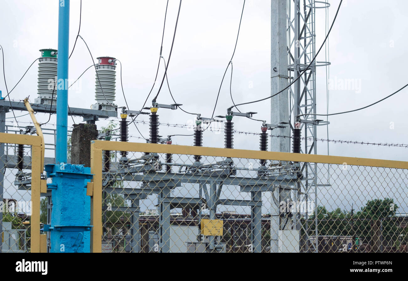 Power transformer in high voltage switchyard in modern electric ...