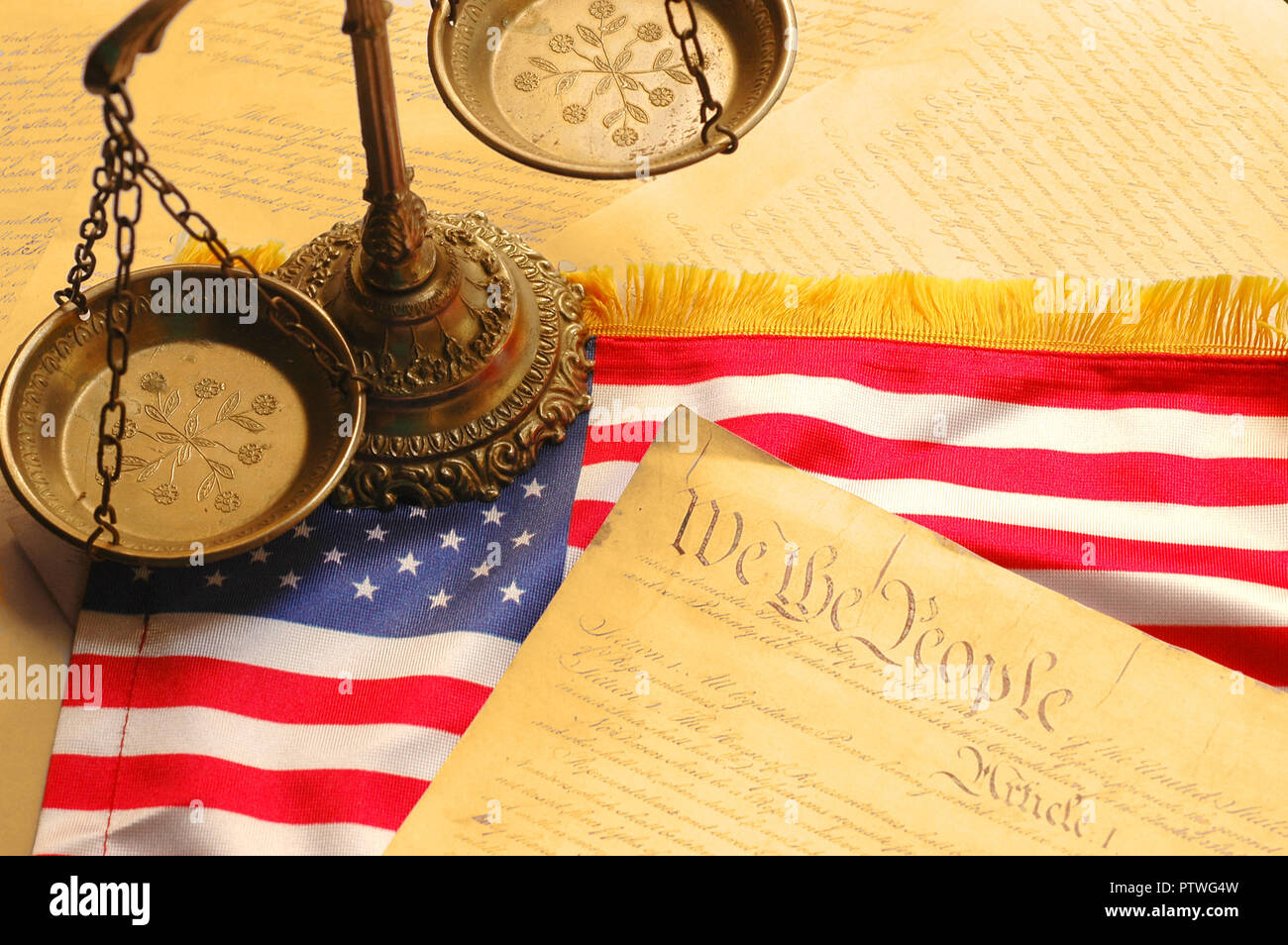 United States Constitution, scales of justice and American flag Stock ...