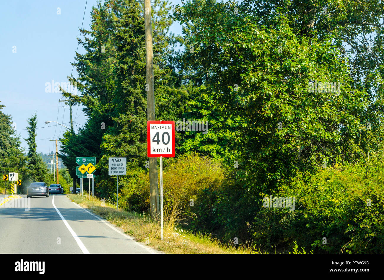 A 40 KPH speed limit sign in Vancouver Island British Columbia Canada ...