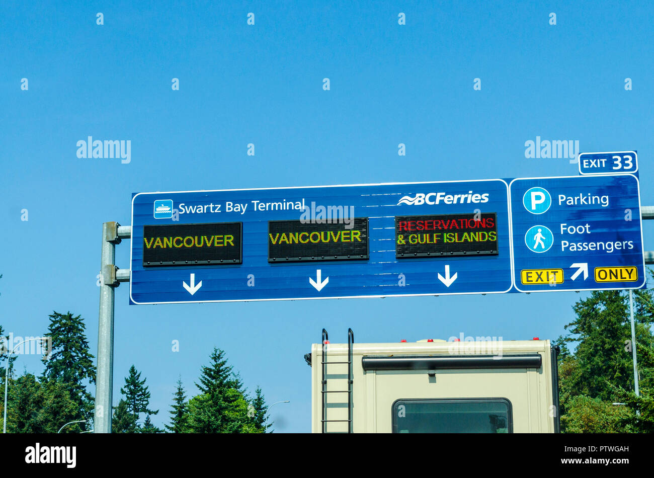 Signs for the BC Ferries terminal at Swarzt on Vancouver Island British ...