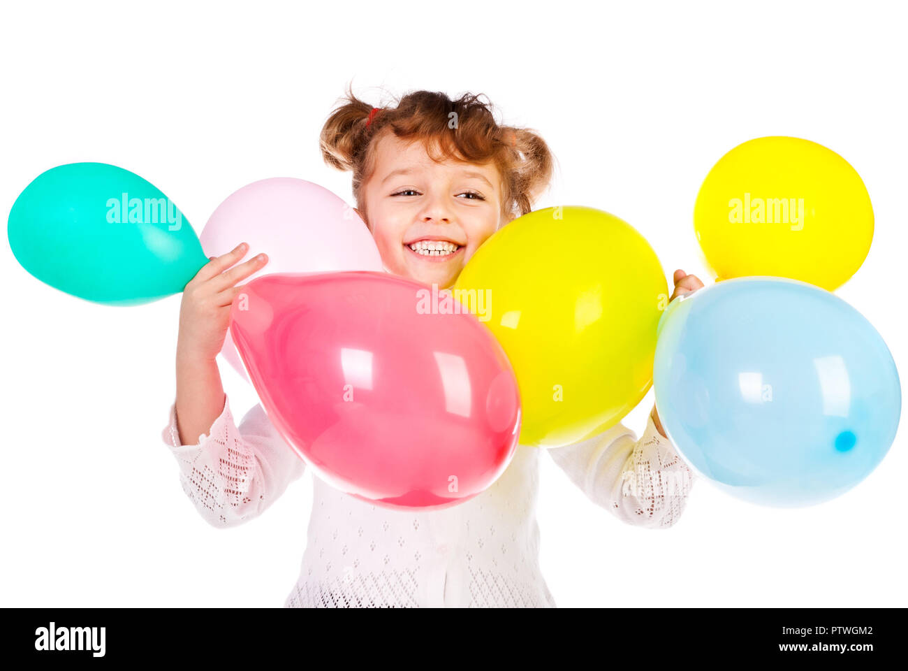 laughing girl with color balloons Stock Photo - Alamy