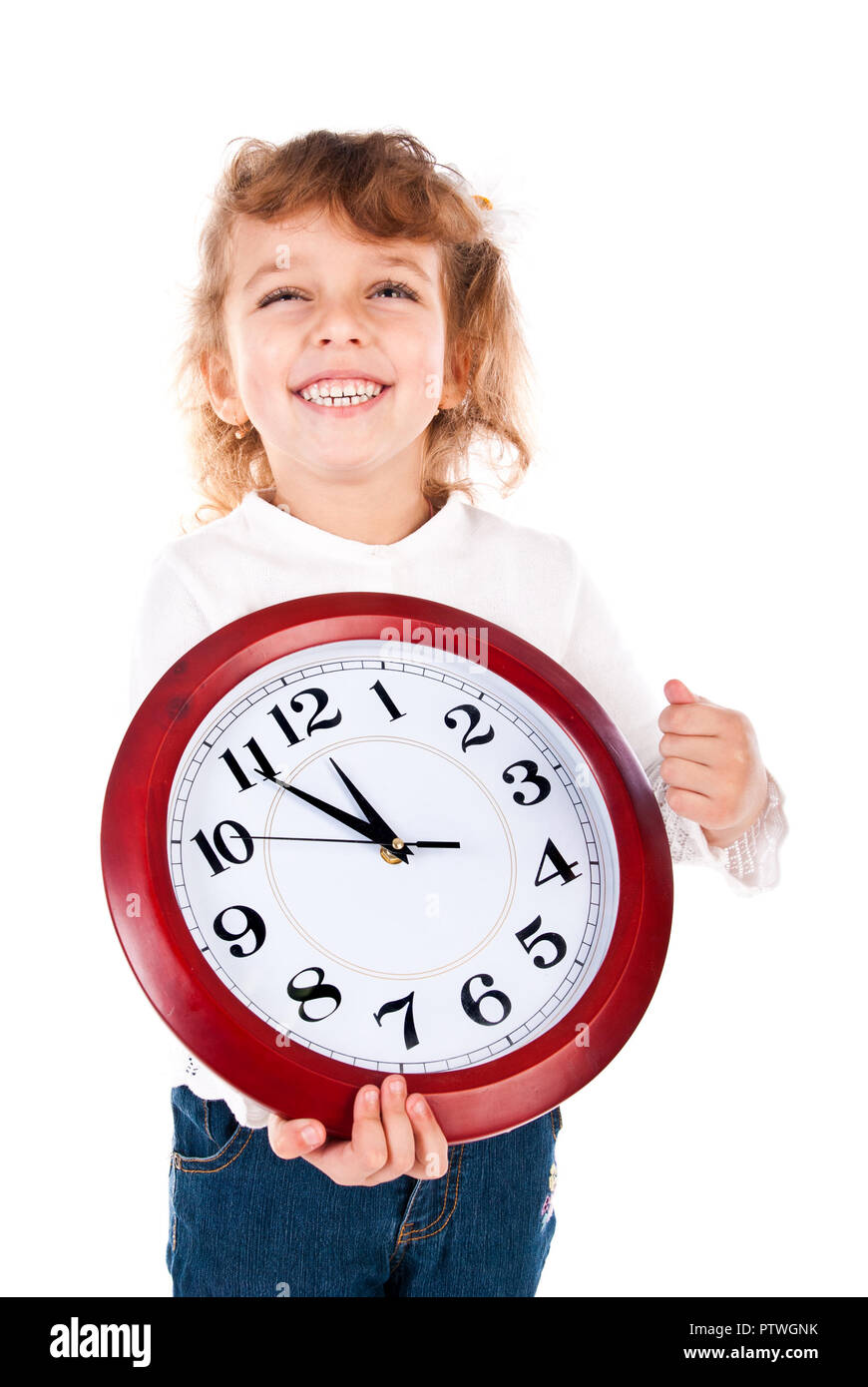 girl with clock isolated on a white background Stock Photo - Alamy