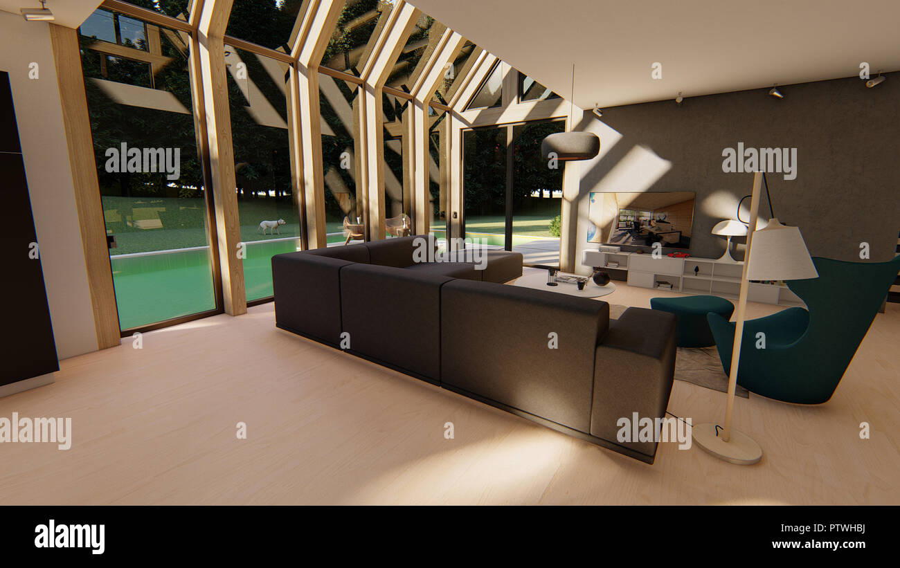 Modern interior of the luxury Scandinavian house, living room, 3d ...