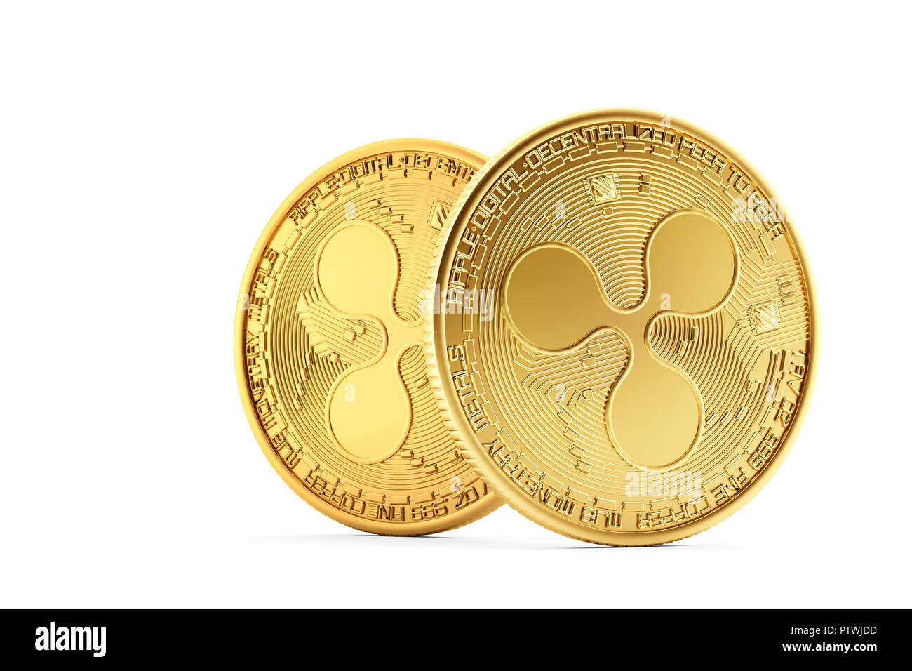 Golden Ripple coins on white background. Contains clipping path Stock ...