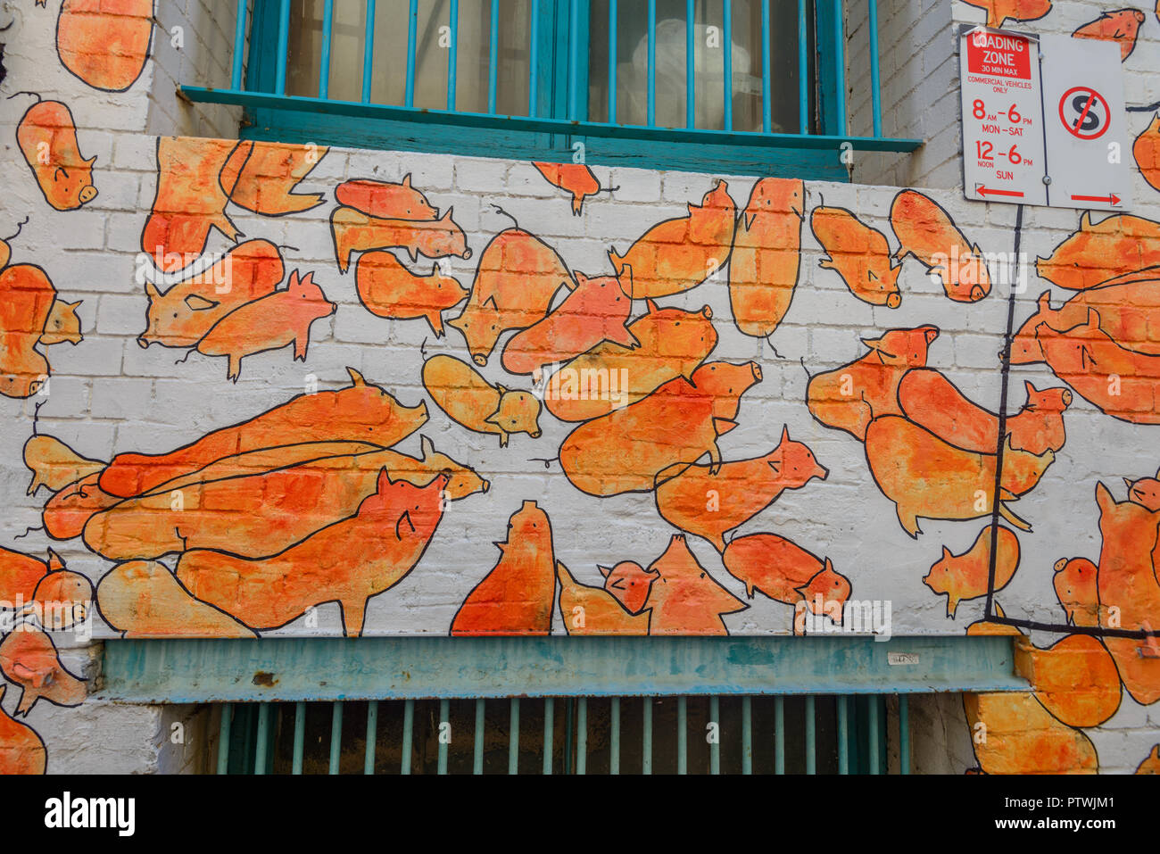 Pig Graffiti, Red brick walls, at Prince Lane, Perth, Western Australia ...