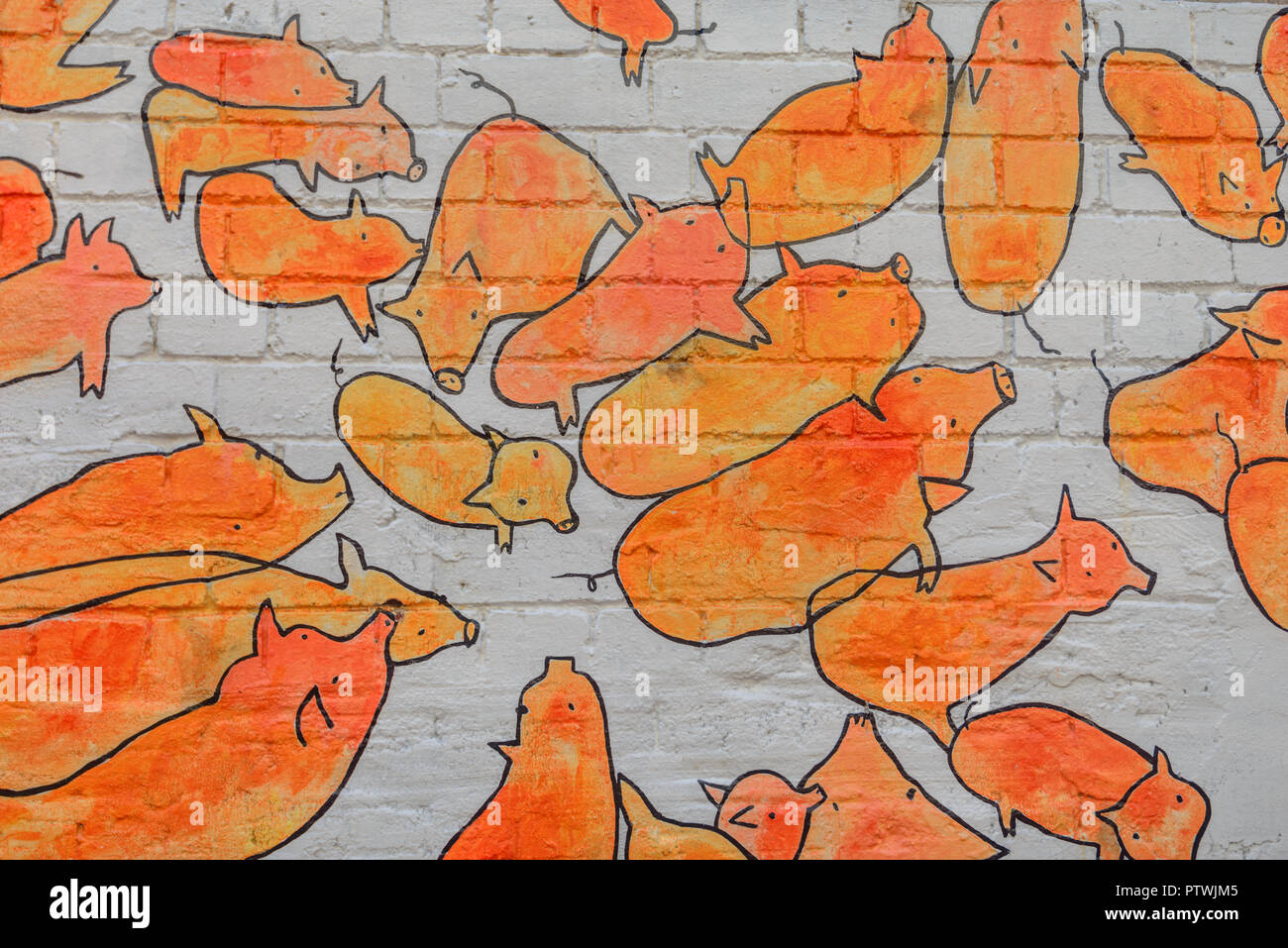 Pig Graffiti, Red brick walls, at Prince Lane, Perth, Western Australia ...