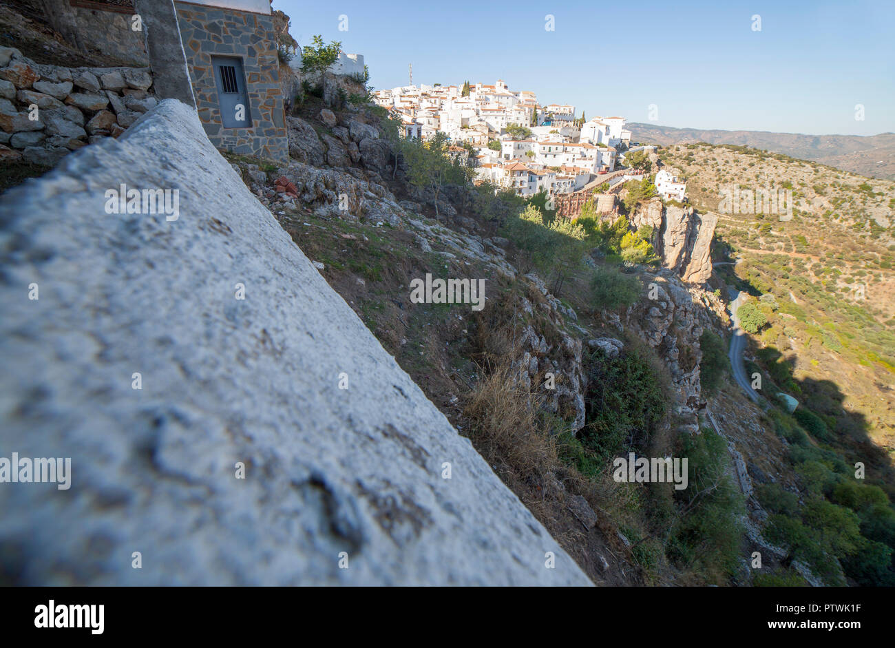 Comares cityscape. White village up on the hill of Malaga mountains ...