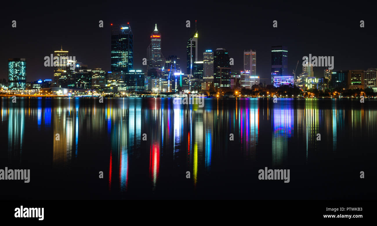 Skyline of Perth with swan river at Night. View from South Perth, Perth ...