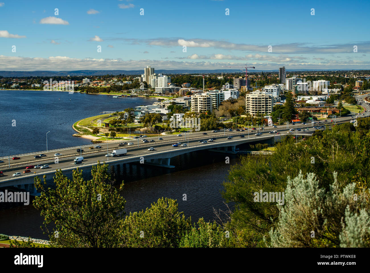 Traffic on Narrows Bridge and South Perth City, view from Kings Park ...