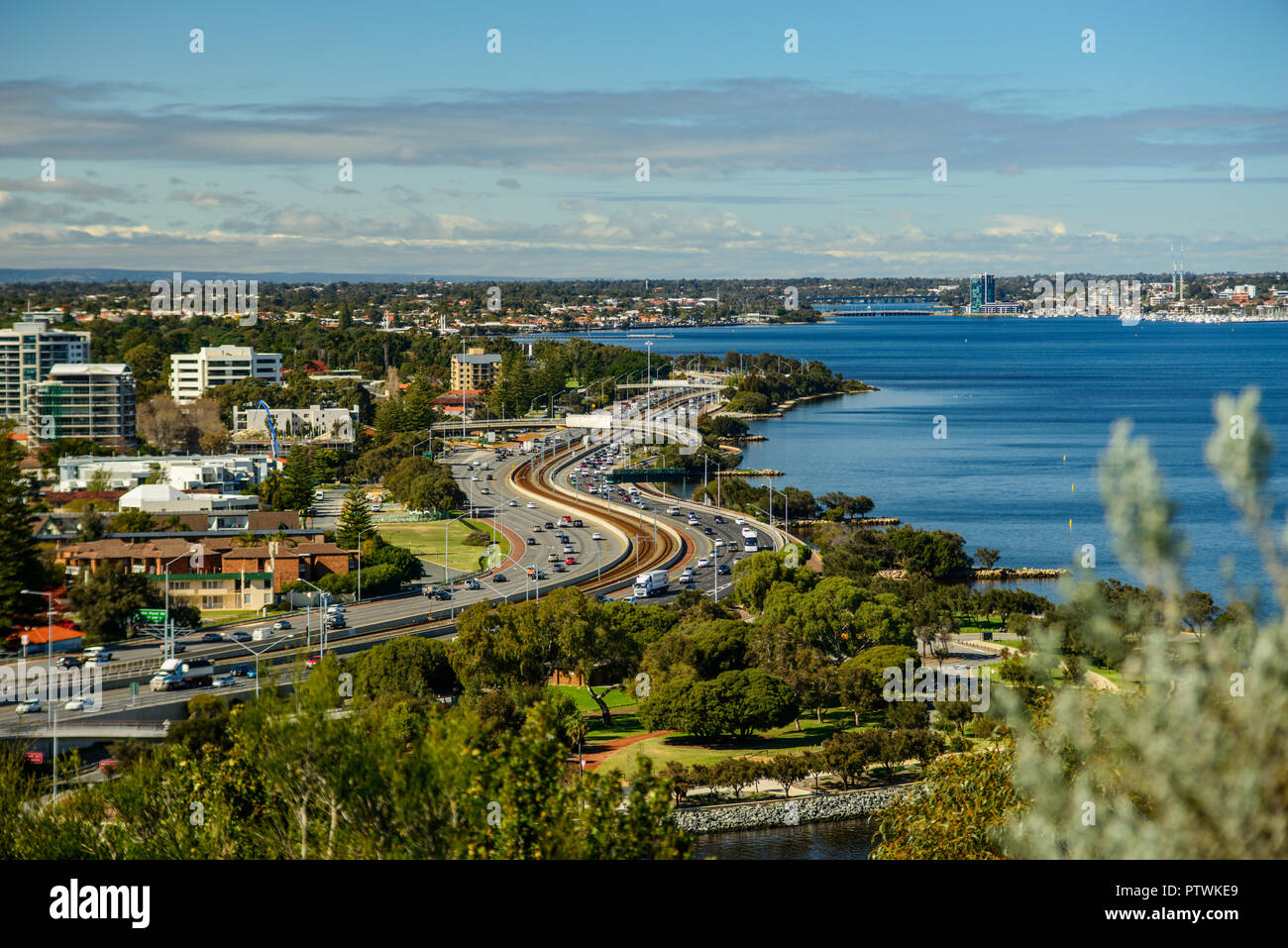 Traffic on the streets Narrows Bridge and South Perth City, view from ...