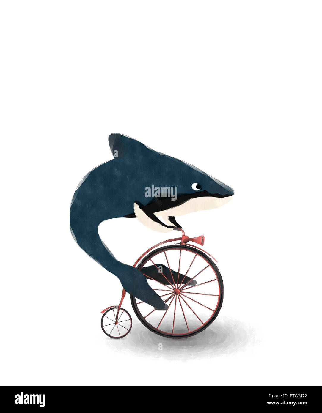Watercolor illustration of a blue whale riding a boneshaker bicycle ...