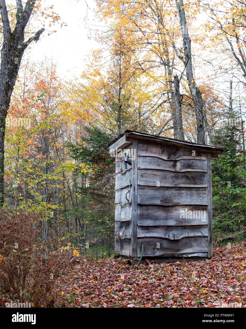 A rustic outhouse in the Adirondack Mountains, NY USA in autumn with a ...