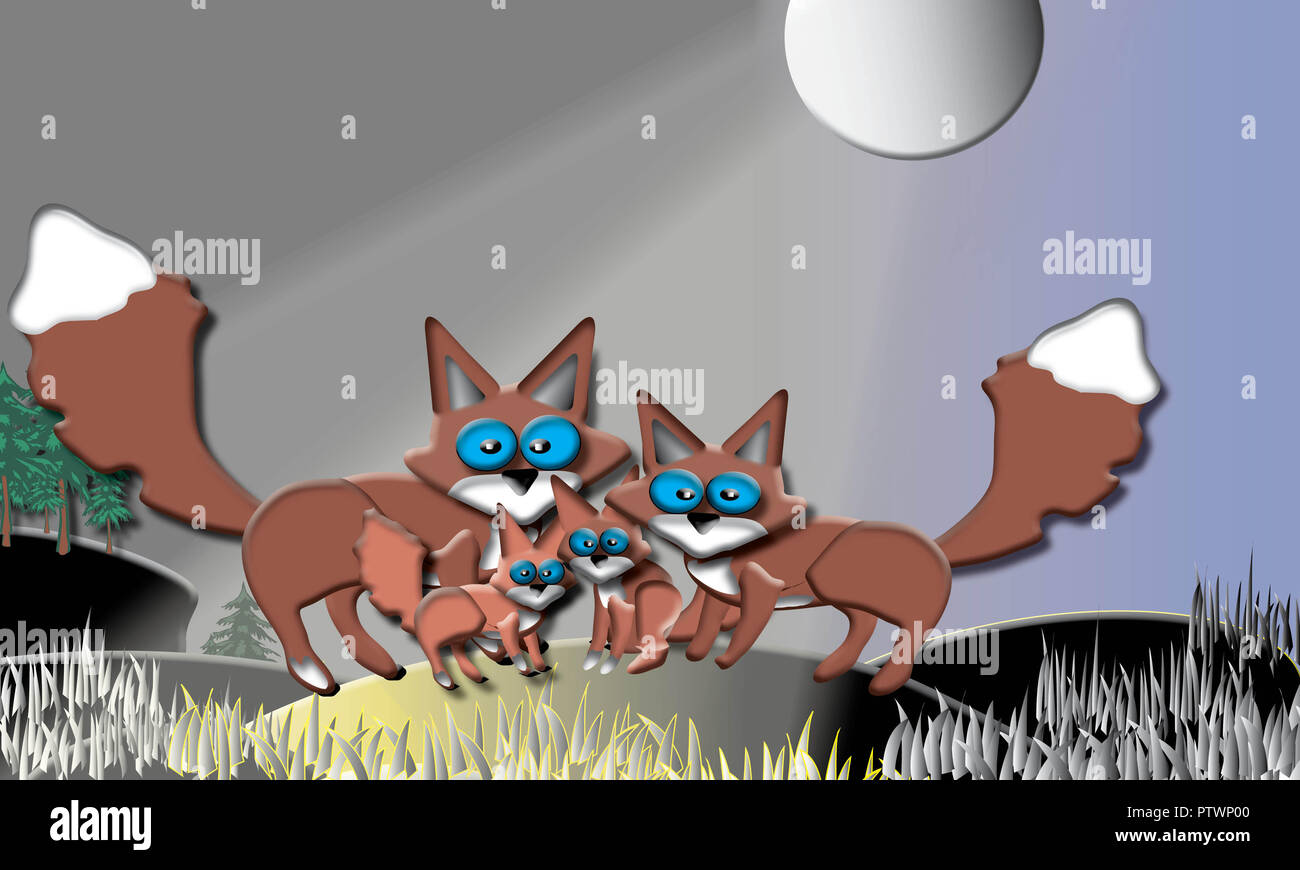fox family in moonlight Stock Photo - Alamy