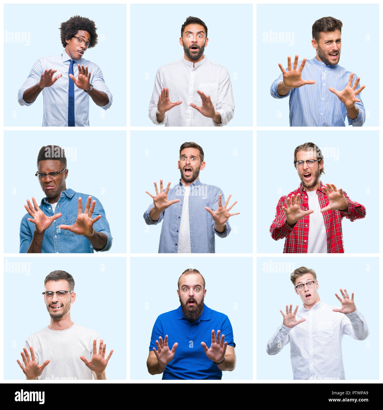 Collage of group of business and casual men over isolated background ...