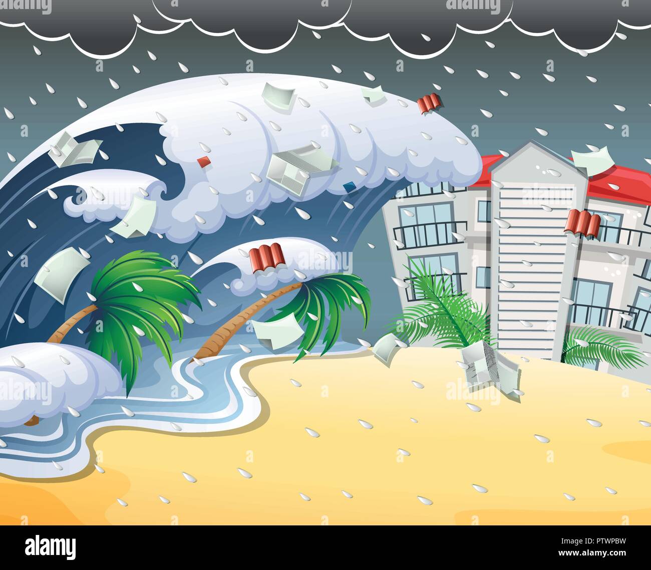 Tsunami hitting beach resort illustration Stock Vector Image & Art - Alamy