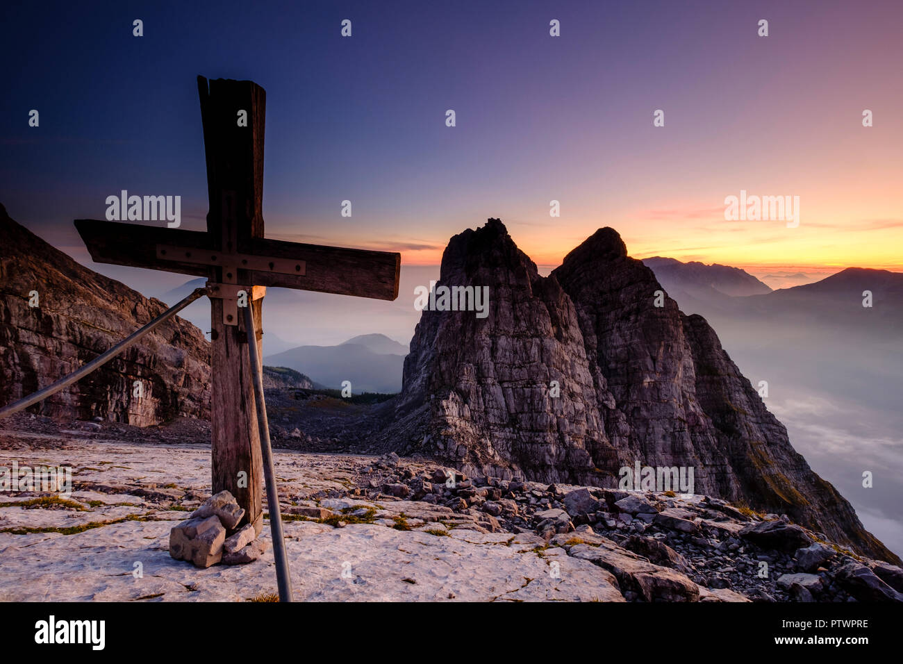 Summit cross of the third Watzmannkind in front of first and second ...