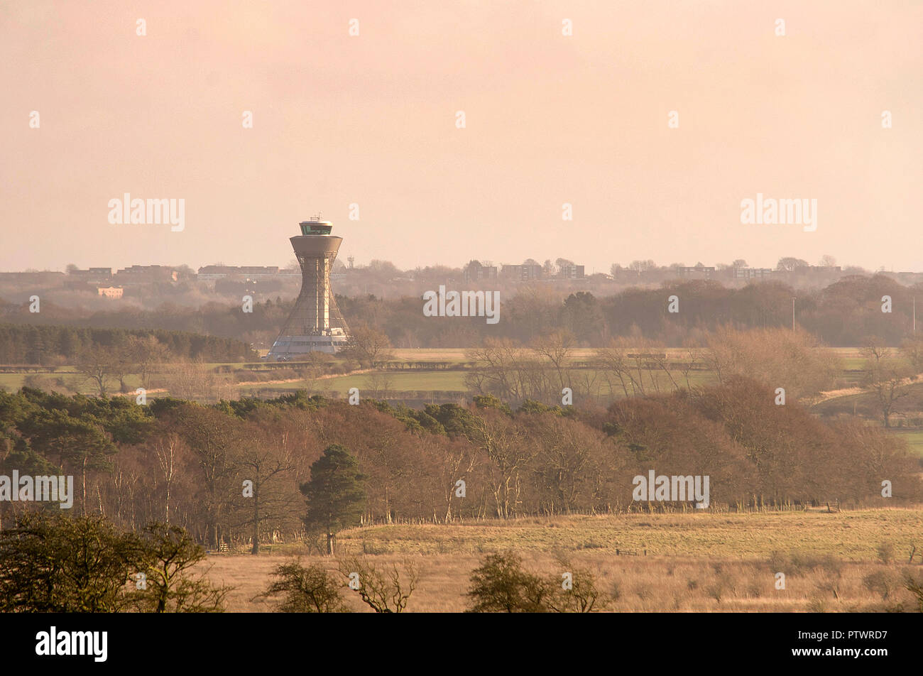Distant view of the control tower at Newcastle International Airport ...